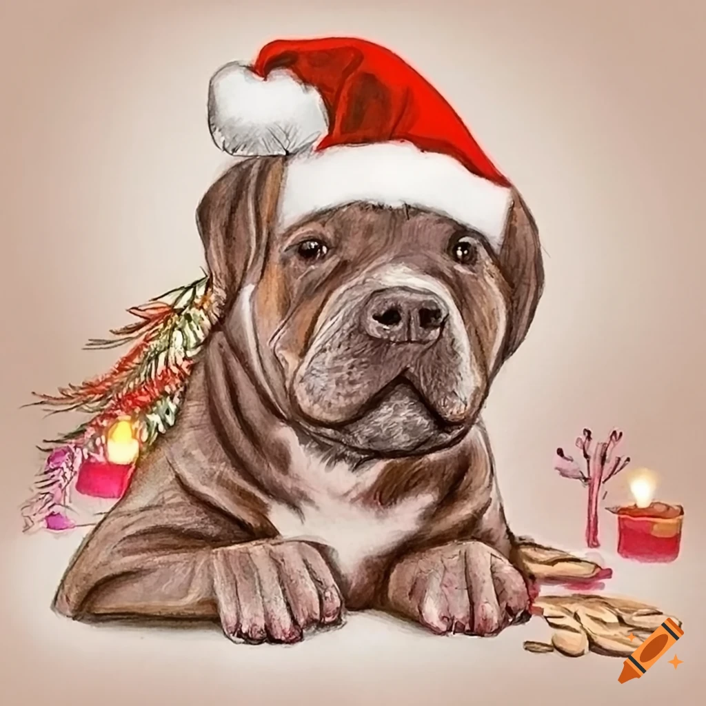 Happy red-nosed pitbull pup in a Santa hat nestled in a Christmas ...