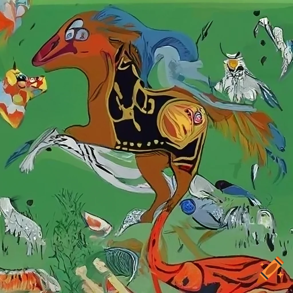 Color serigraph of native salish motifs and fantasy creatures on Craiyon
