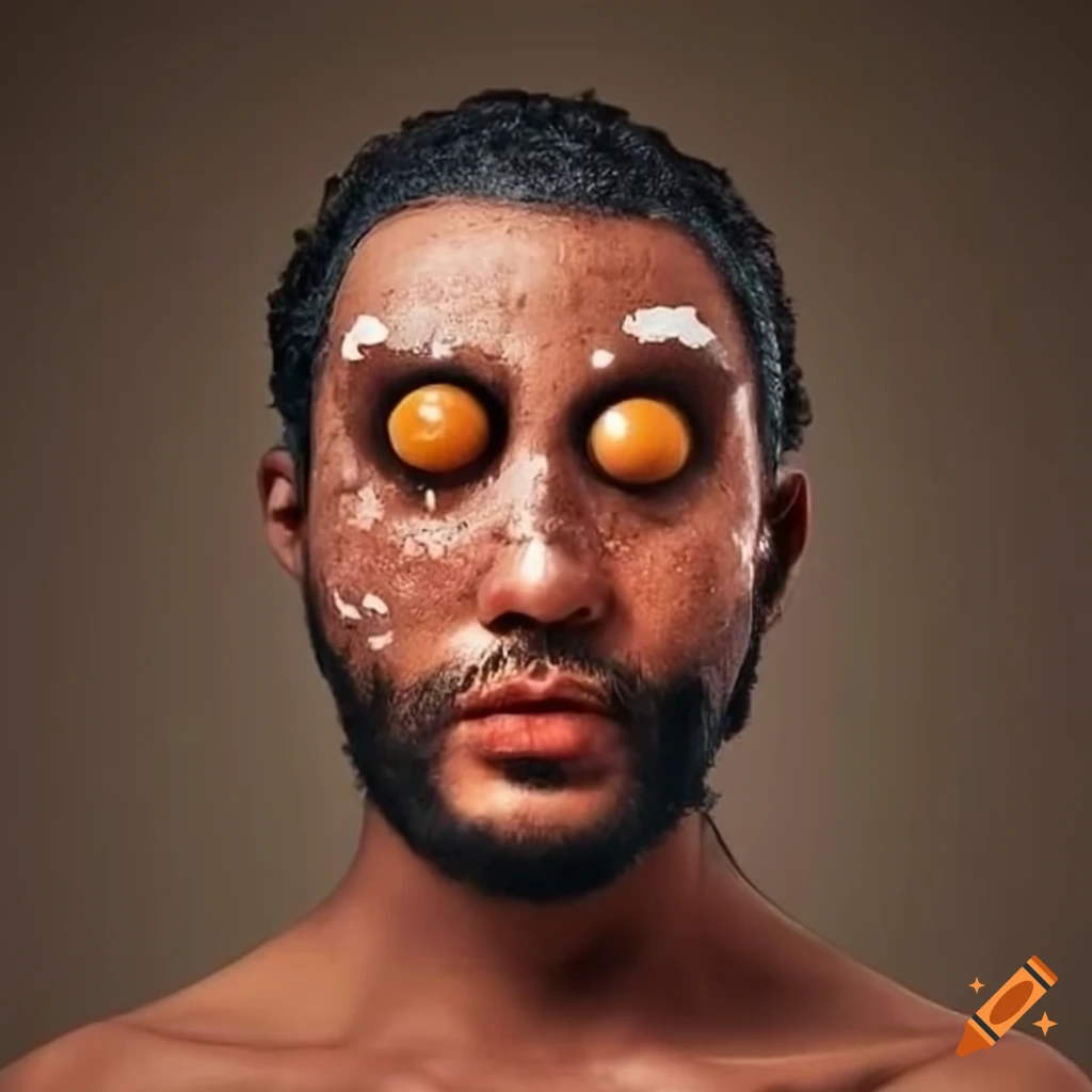 Surreal portrait of a man with rice skin and egg eyes