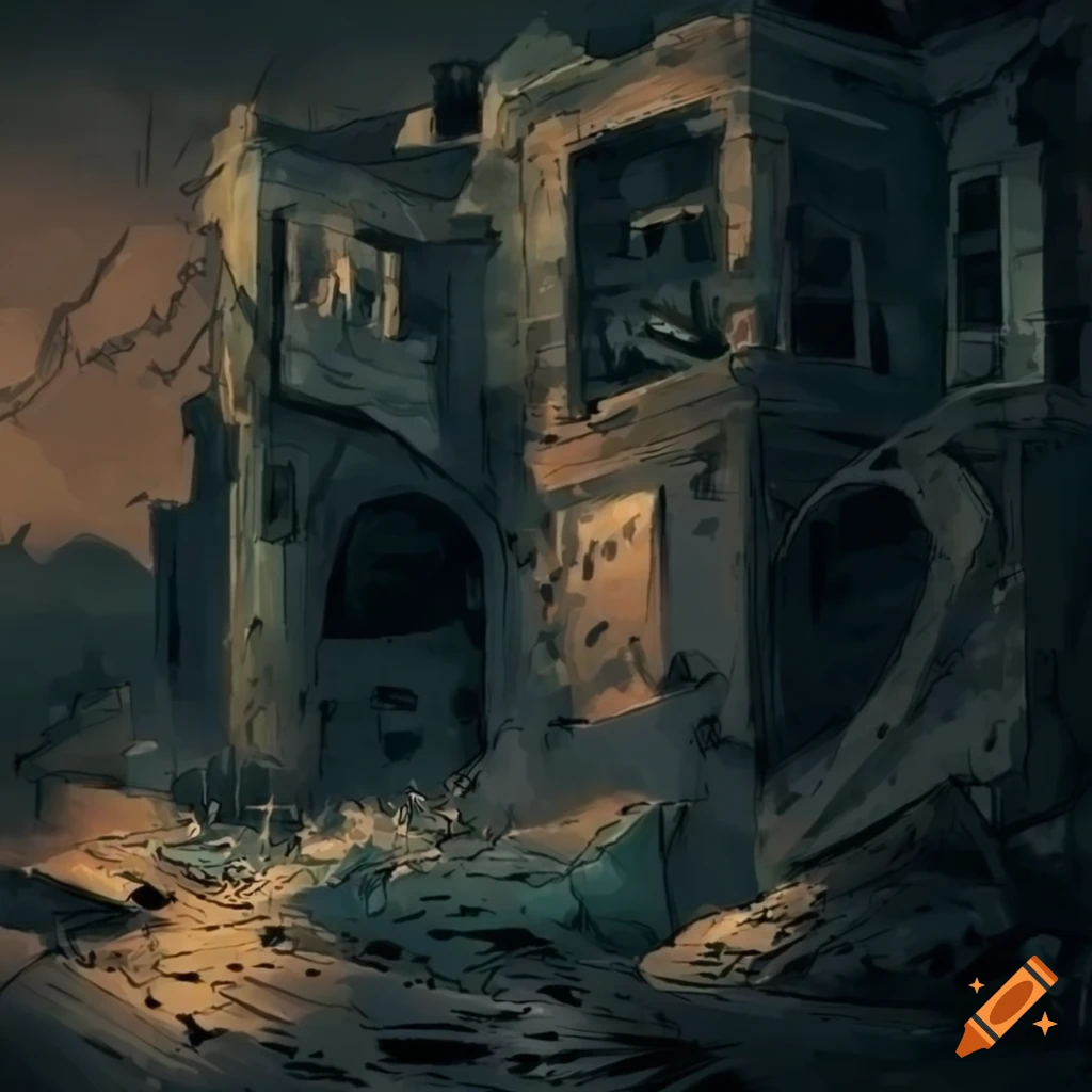 Comic style illustration of a destroyed house