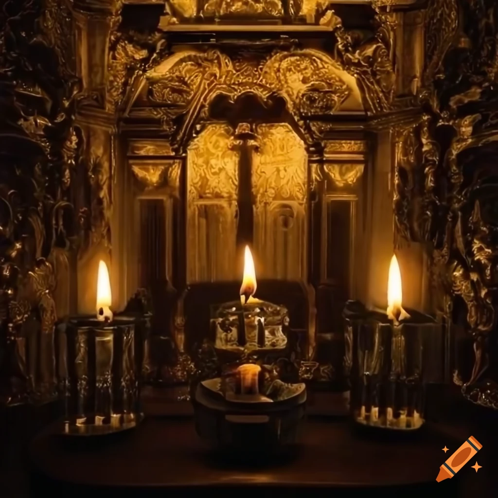 Numerous candles in a large ritual room with gold and dark elements