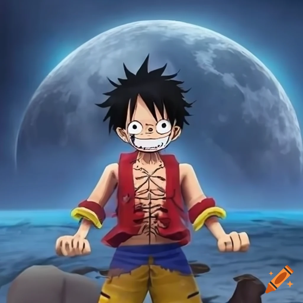 Luffy roblox character with a glowing blue moon background