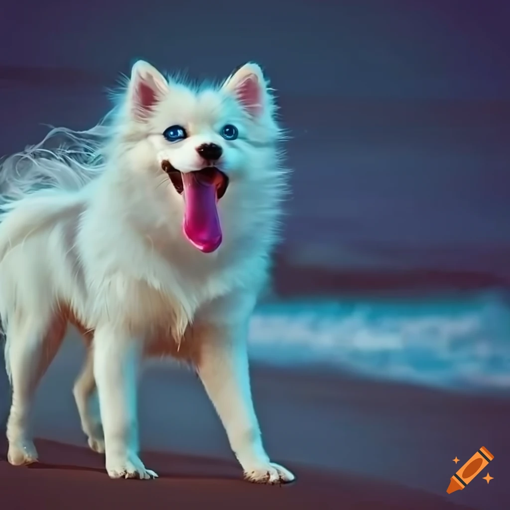 Snow white Pomsky on black sand beach with galaxy supernova in the sky ...