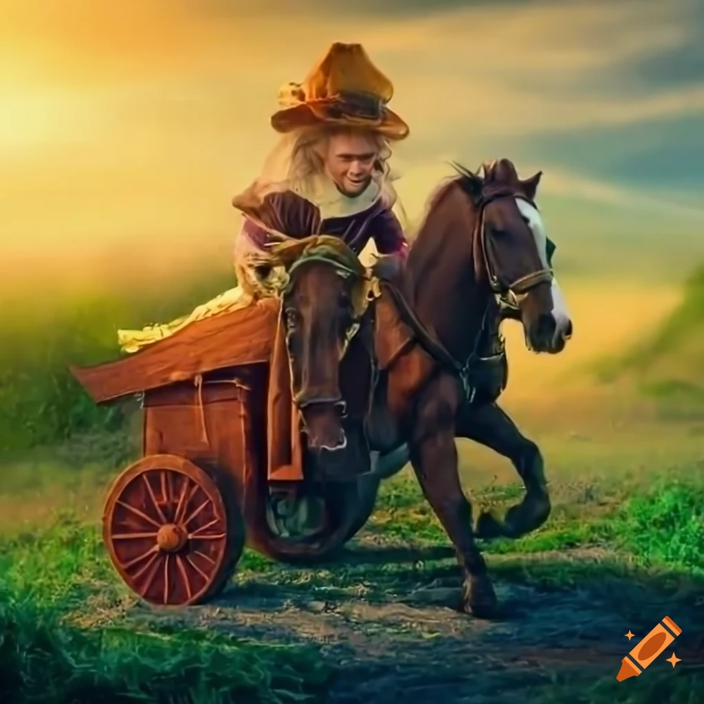 Male halfling merchant on horseback with cart full of colorful wares on ...