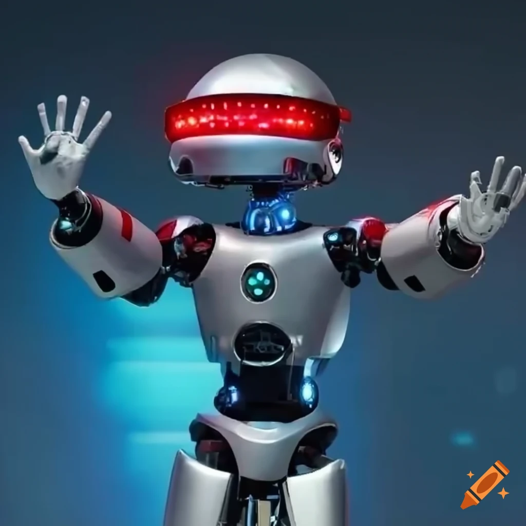 Robot with rocket-shaped body and LED display visor waving on Craiyon