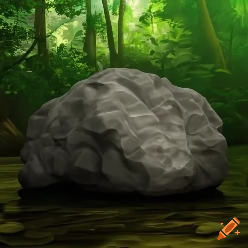 Shiny gray rock in a sunny jungle in 3d rendering