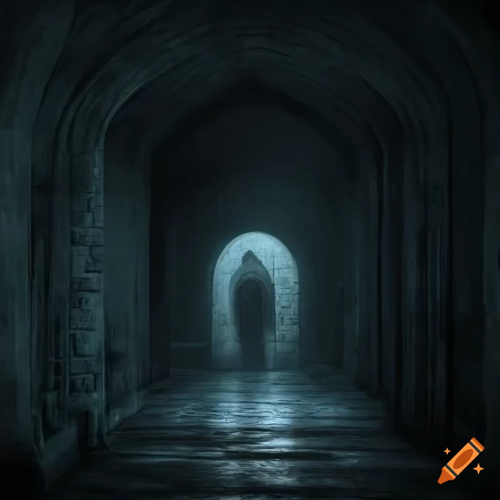 Dimly lit dungeon hallway with ominous shadows