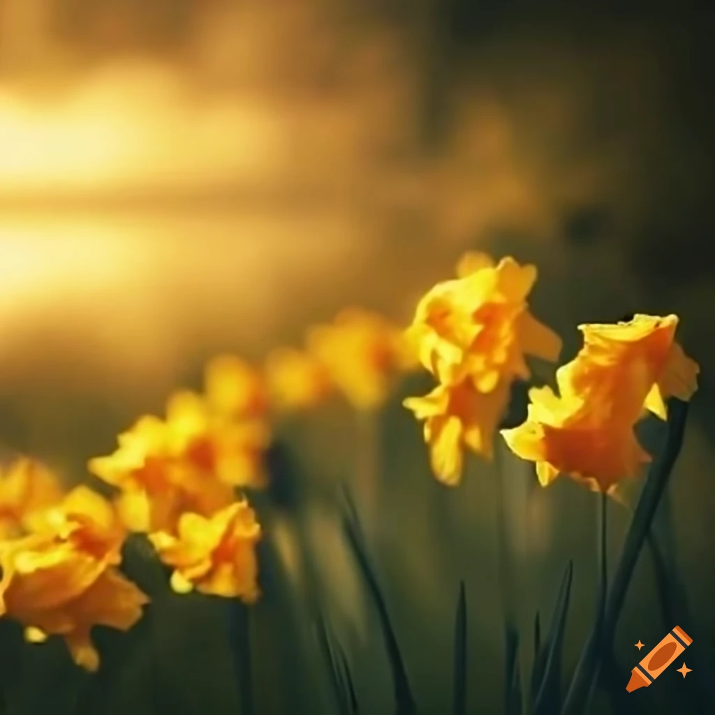 Golden daffodils fluttering and dancing beside a lake and beneath the trees