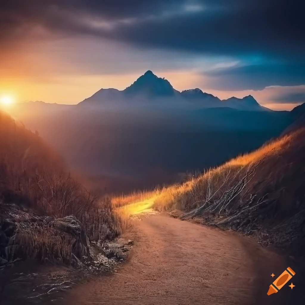 Winding path through desolate landscape leading to foreboding mountain ...