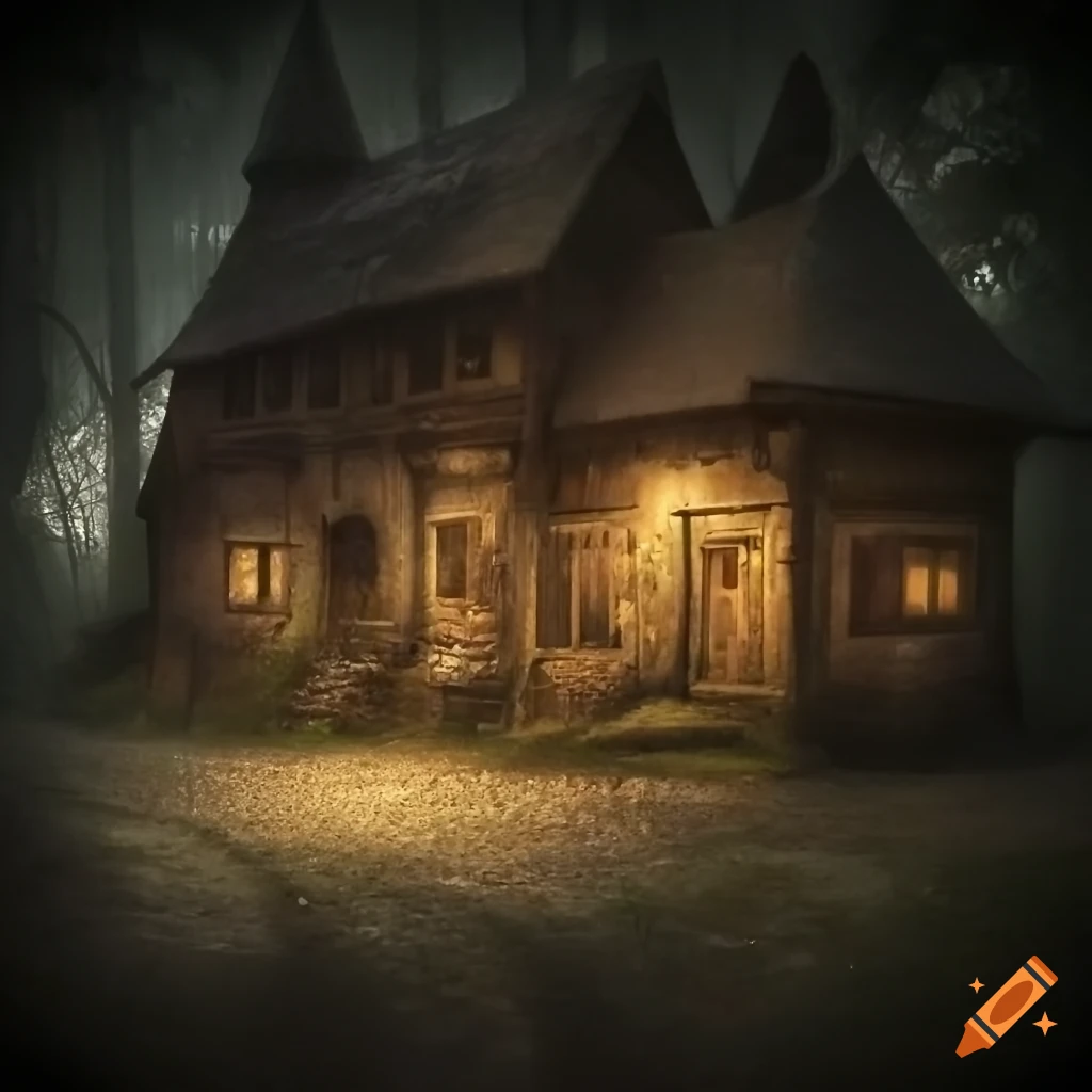Medieval inn in the forest at night with a dirt road