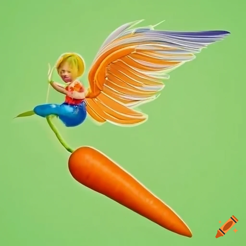 Colorful and playful flying carrot with angelic features on Craiyon