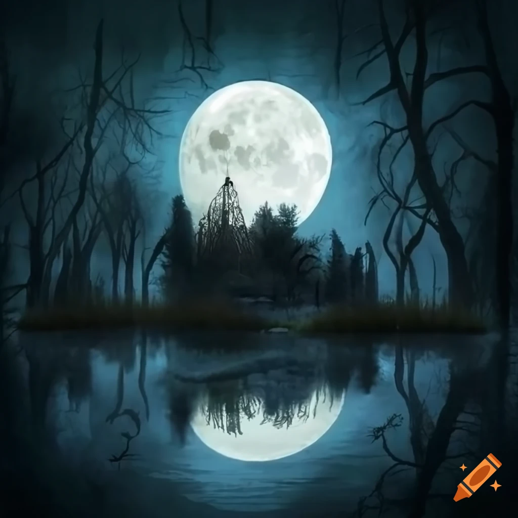 Gothic pond with a full moon and creepy trees at midnight