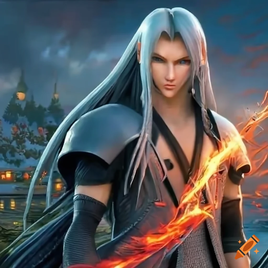 Sephiroth braving the blazing inferno with one black wing in epic scene ...