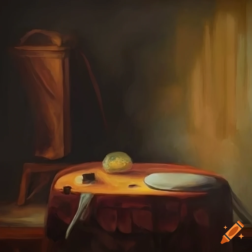 Muted landscape with mysterious, colorful objects on a table