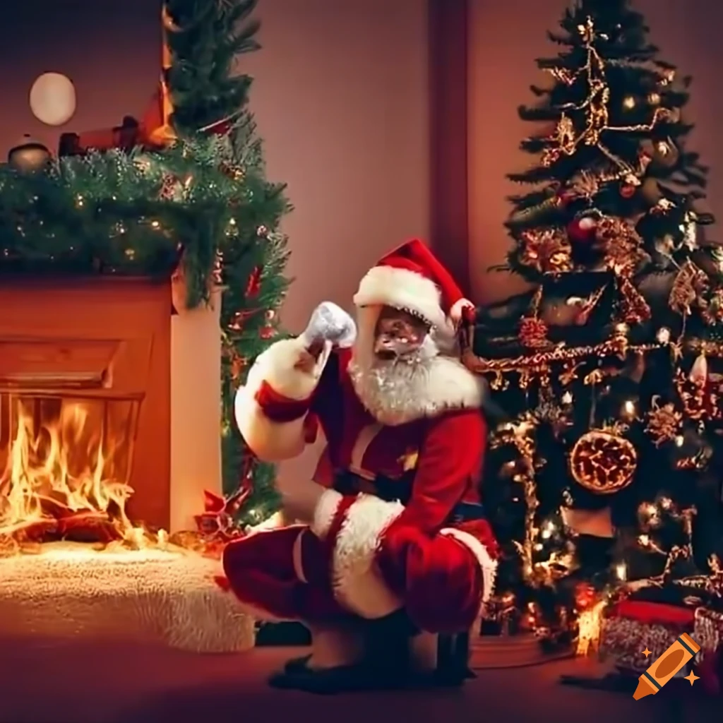 Christmas tree and fireplace with santa and kids