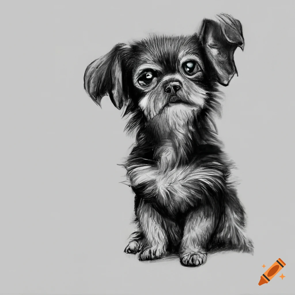 Pencil drawing of a small black dog with long hair and floppy ears on ...