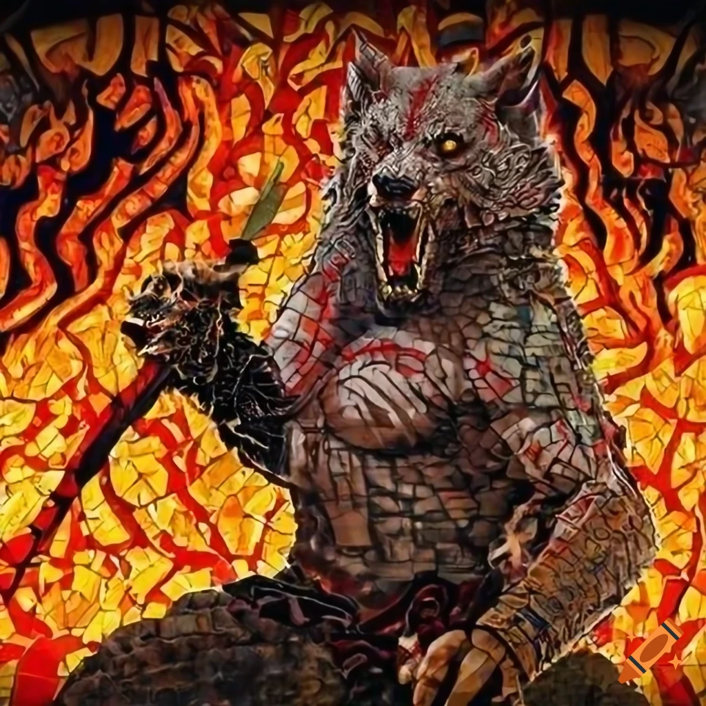 Mosaic mural depicting werewolf god of war with flaming swords on Craiyon