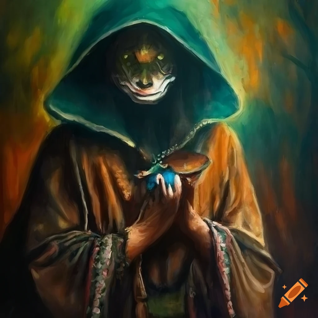 Hooded wolf monk with a mask in a mystical nature monastery on Craiyon