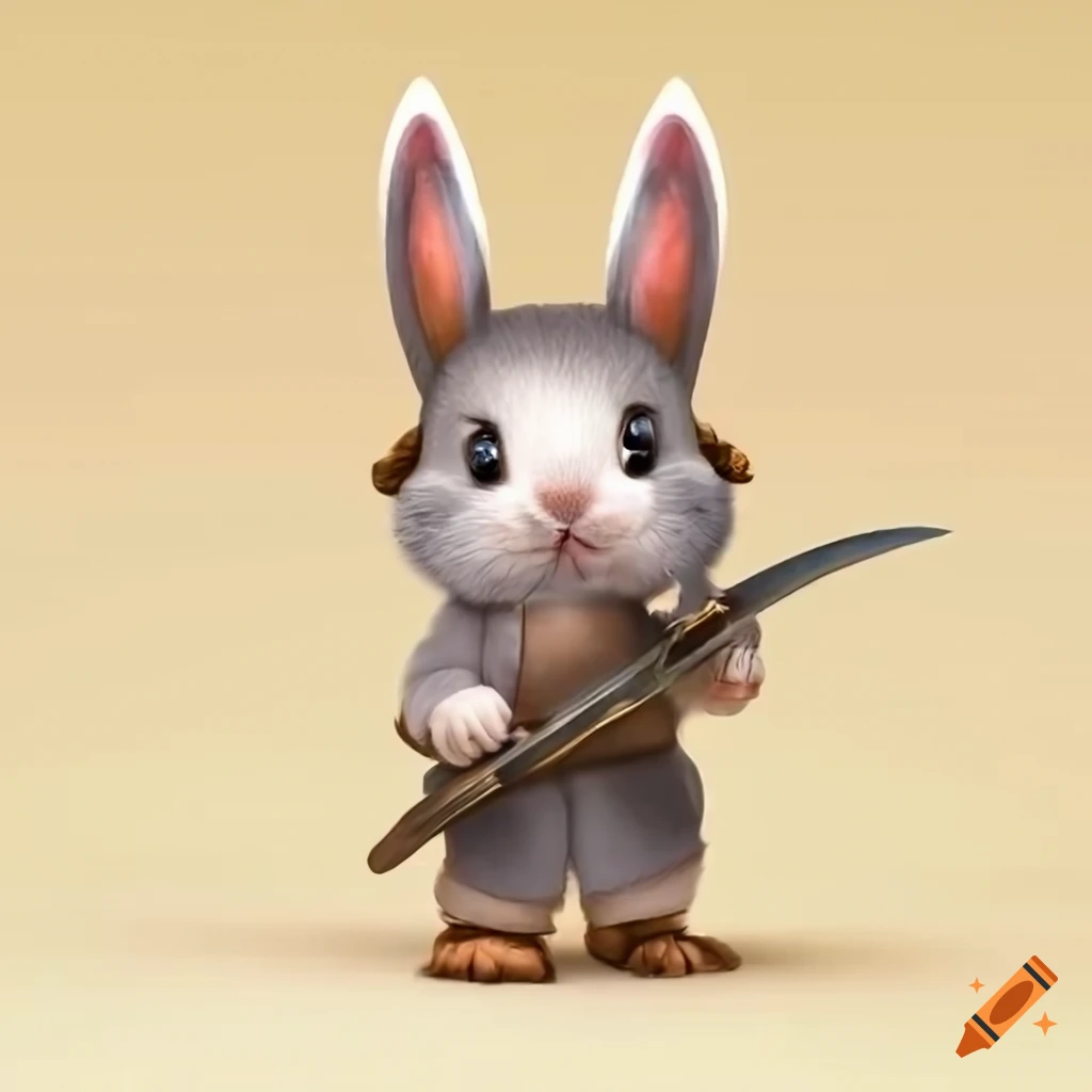 Adorable baby bunny holding a sword