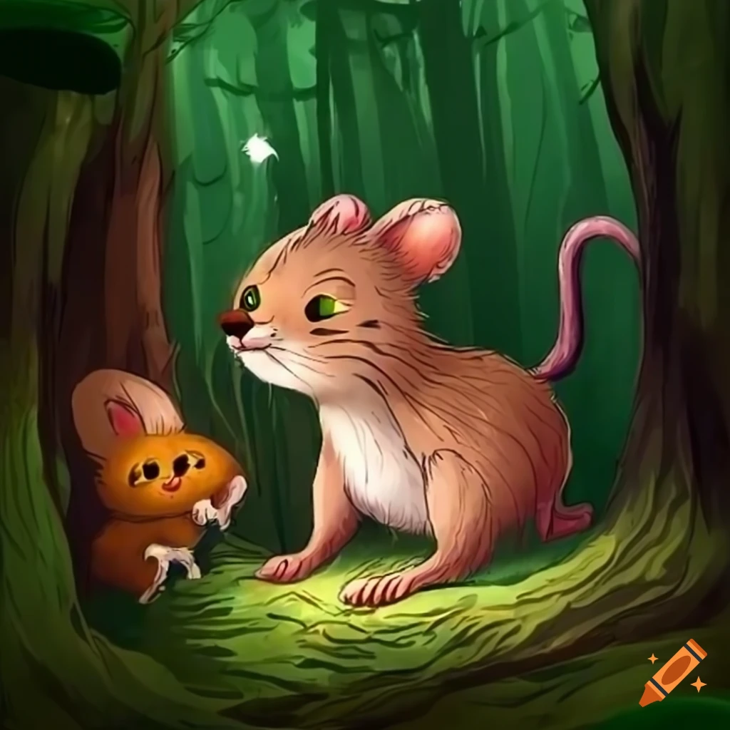 Cartoon mouse and cat in a forest setting
