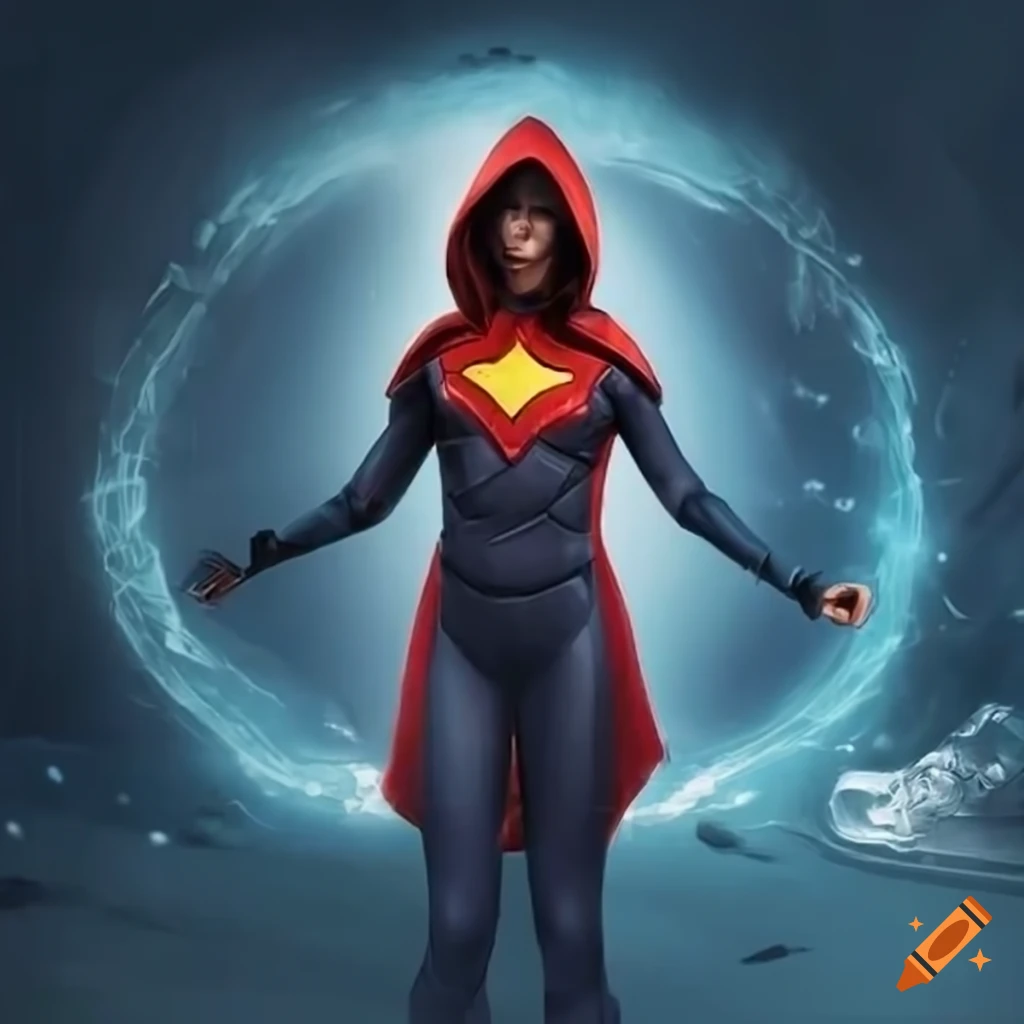 Female superhero with hood and cape wielding a futuristic blaster ...