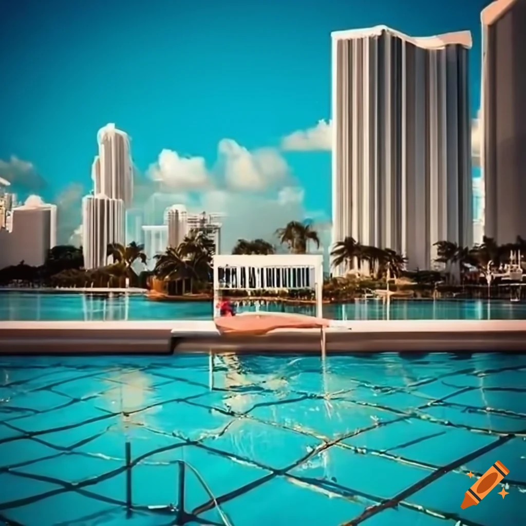 Olympic swimming pool with trampoline, miami hotel in the background