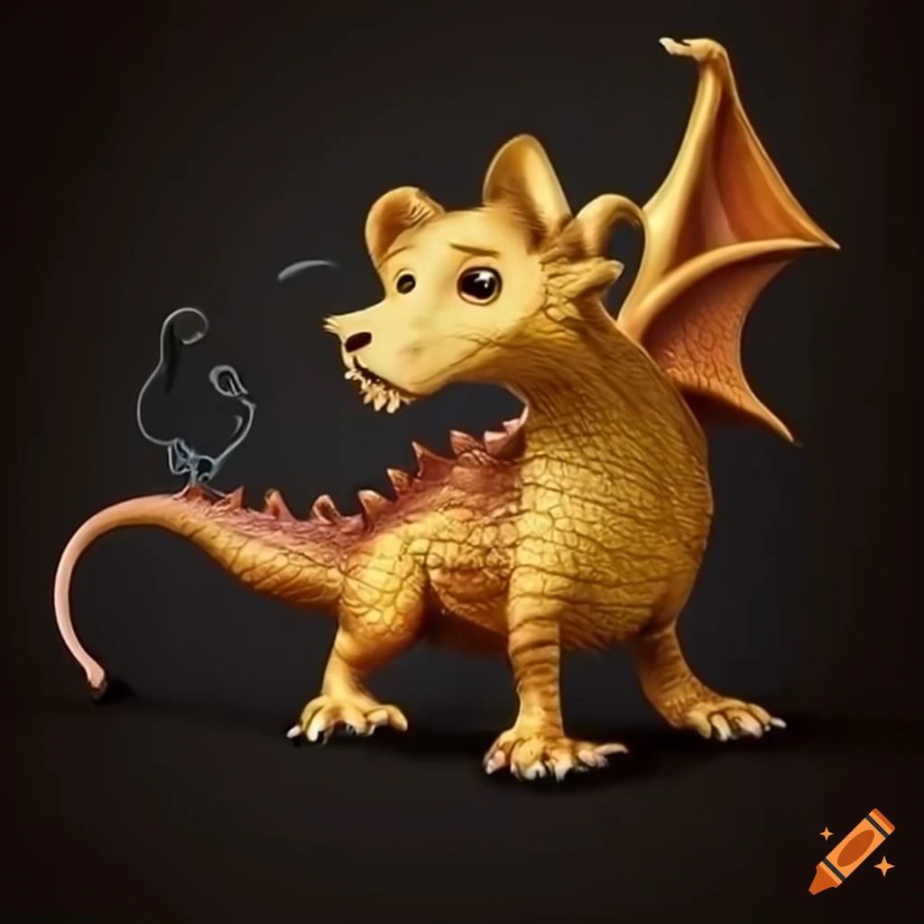 Mouse riding a dragon with a golden flying dog