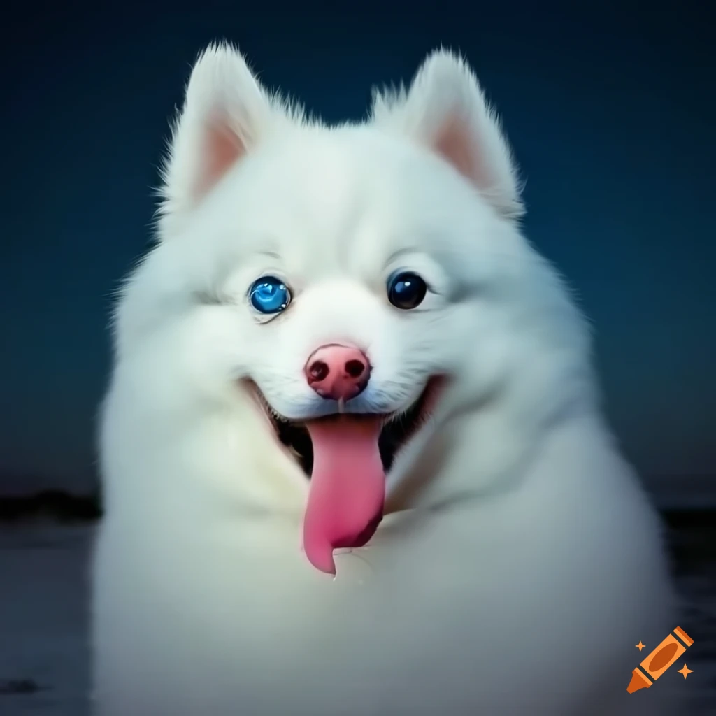 Snow white Pomsky playing on a winter beach under a swirling galaxy on ...