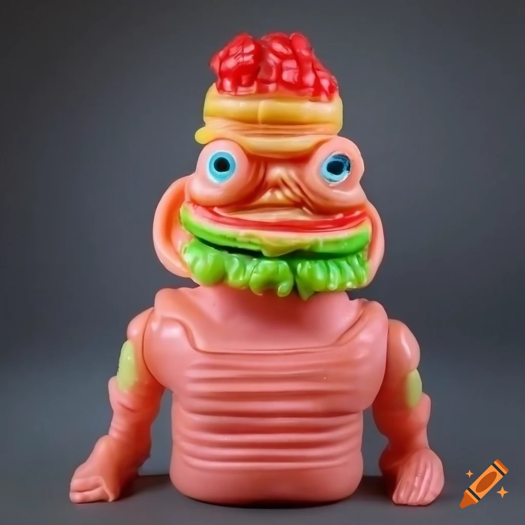 Unusual plastic fast-food mascot resembling an 80s action figure on Craiyon