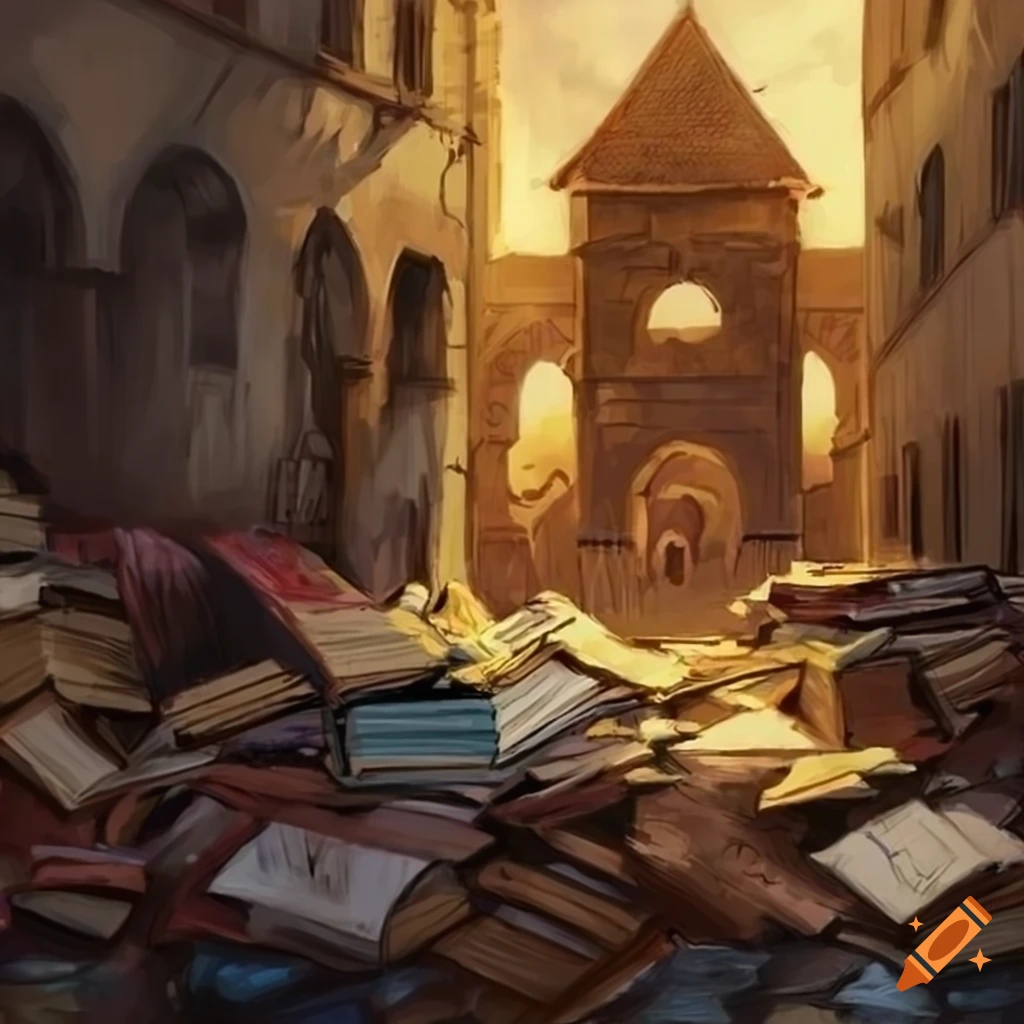 Pile of trash with books in a medieval city on Craiyon