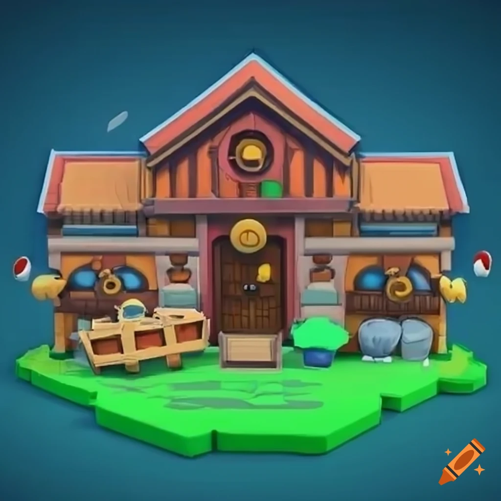 3d isometric weapon shop in paper mario style game
