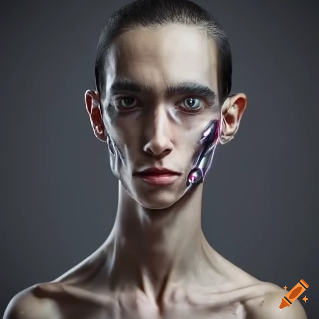Photorealistic image of a futuristic skinny cyborg male
