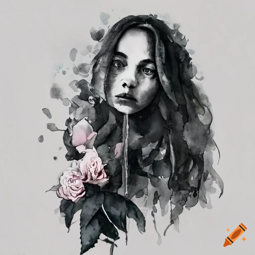 Black watercolor calligraphy portrait with wardrobe and roses