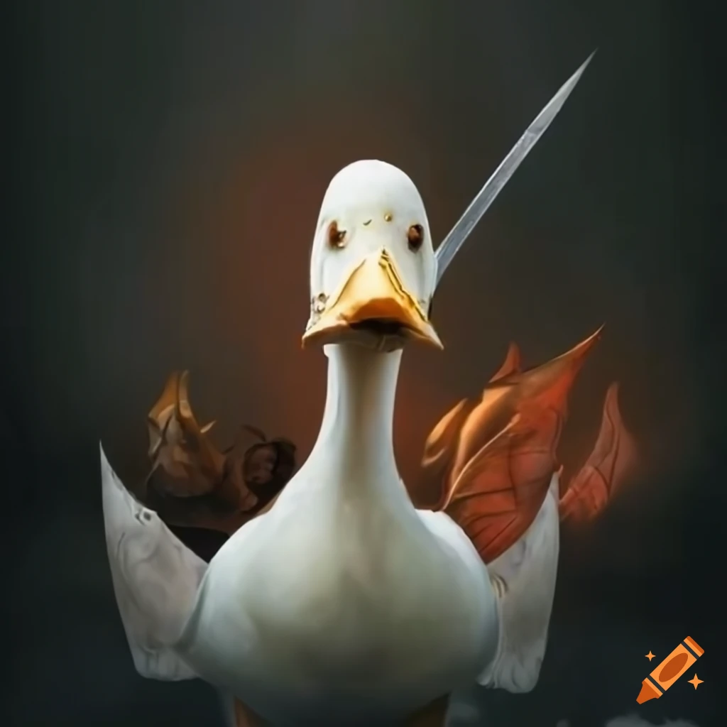 White duck in medieval armor with sword surrounded by dragons