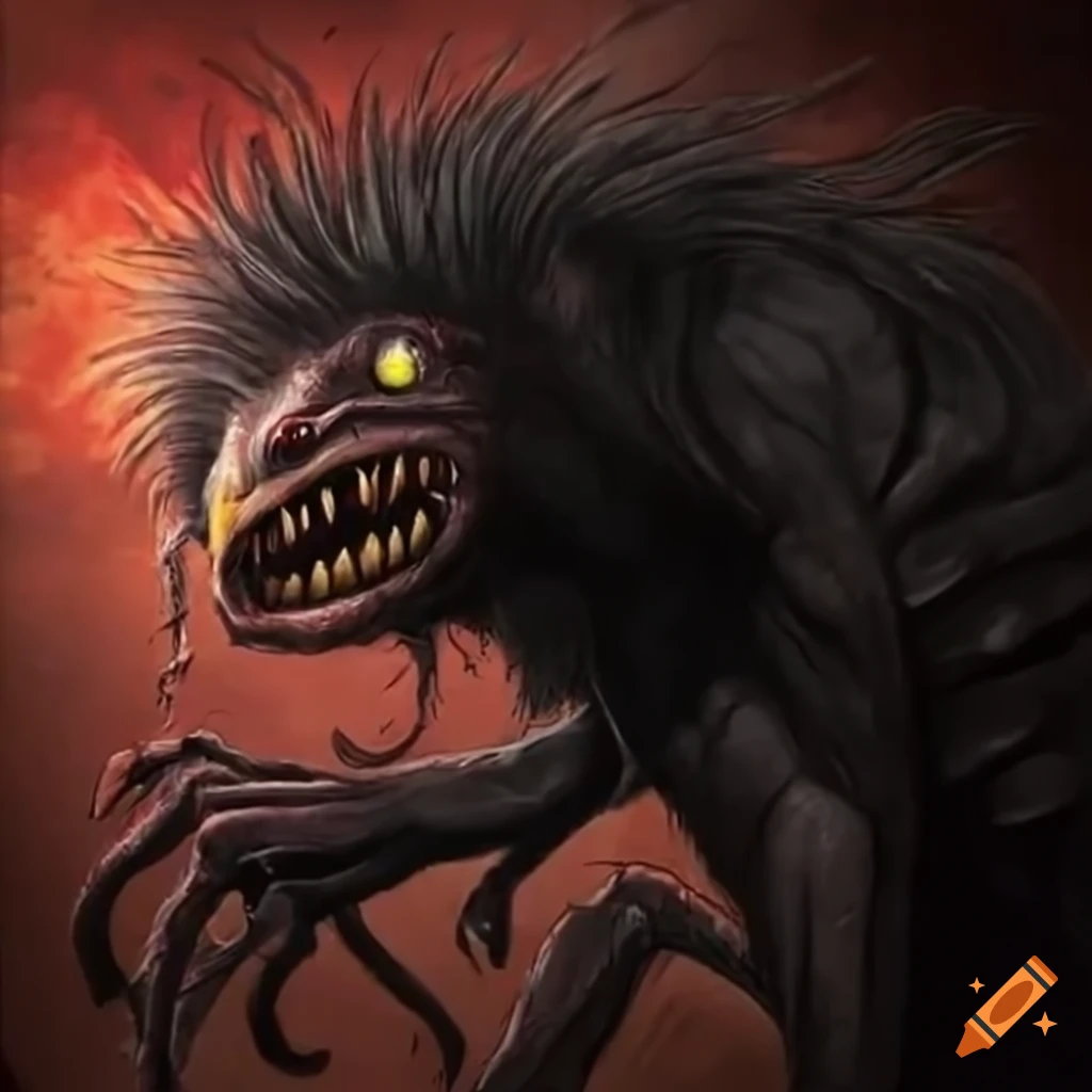 Giant monster with seven legs, two eyes, and black fluffy hair, blood ...