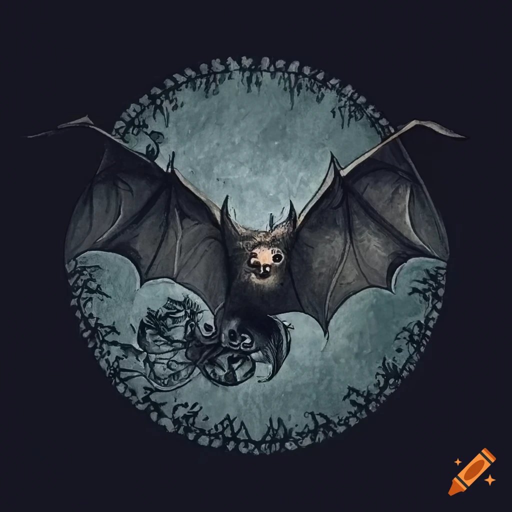 Gothic bat with candles on wings painted in da vinci style on cracked ...