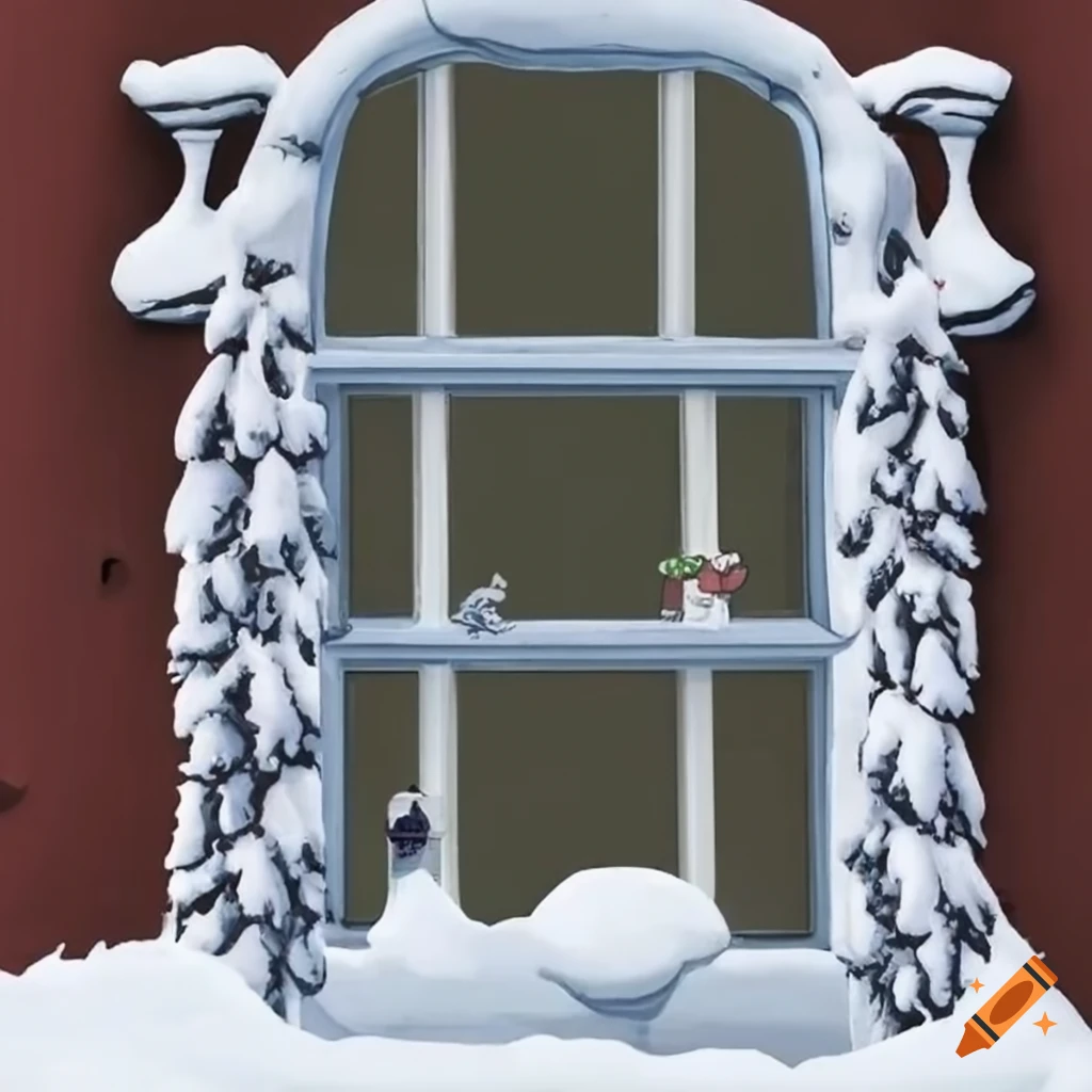 Whimsical cartoon exterior window with architectural detail and snow on ...