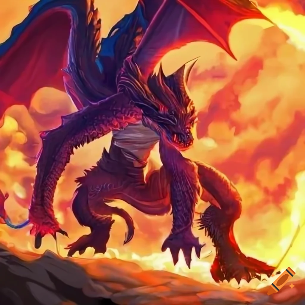 Flame-filled magical battle between a dragon and a birb warrior on Craiyon