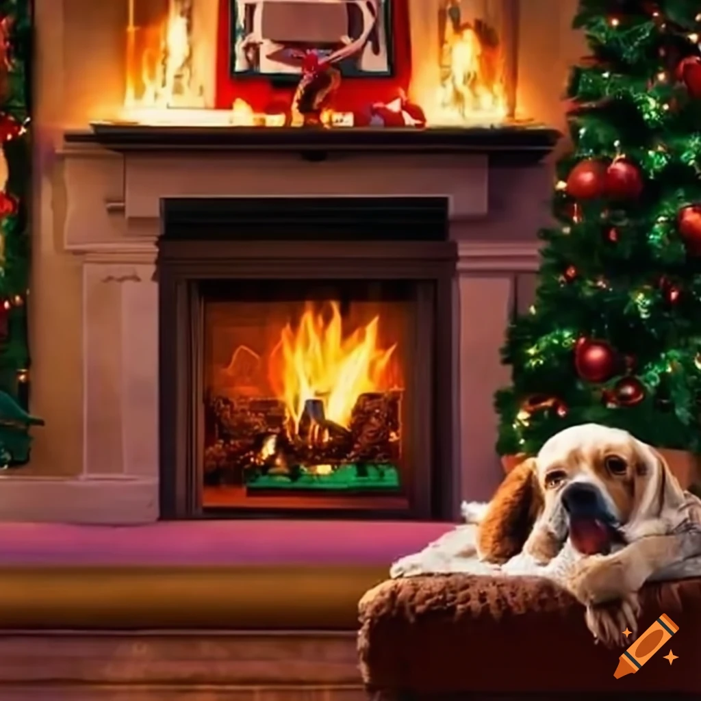 Cheerful holiday scene with fireplace, dog, and "WILEY" sign on Craiyon