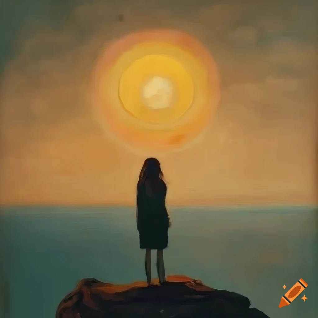 Painting of a woman standing on cliff edge looking at the sun on Craiyon