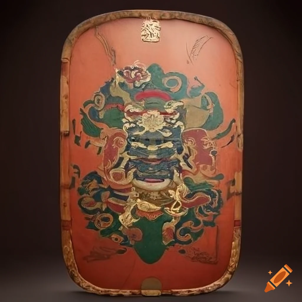 Ancient Japanese wooden shield with Shinto god painting on Craiyon