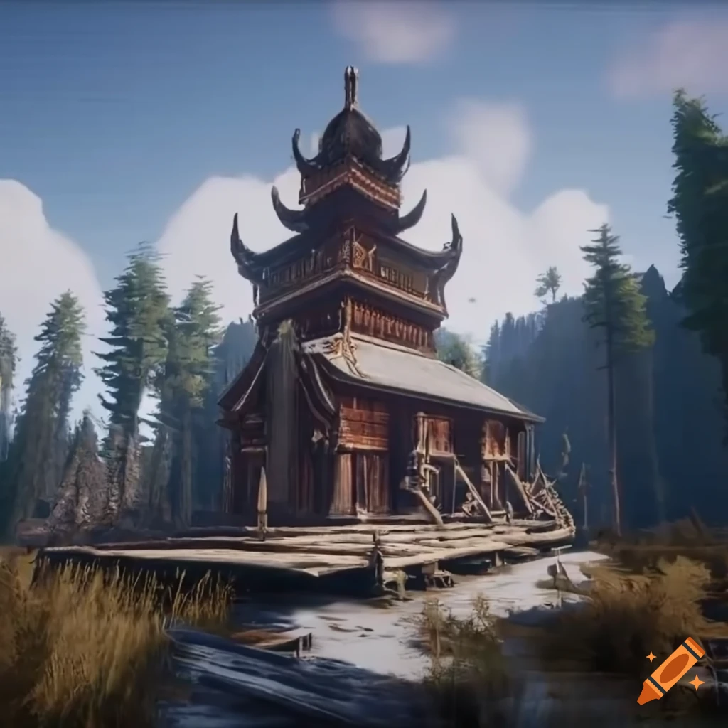 Etruscan-Hittite-Viking colored wooden temple in taiga forest with ...