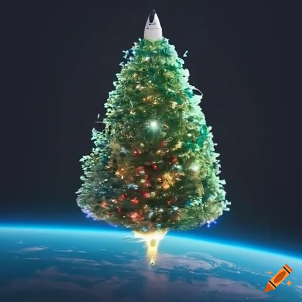 Christmas tree launching into space like a rocket