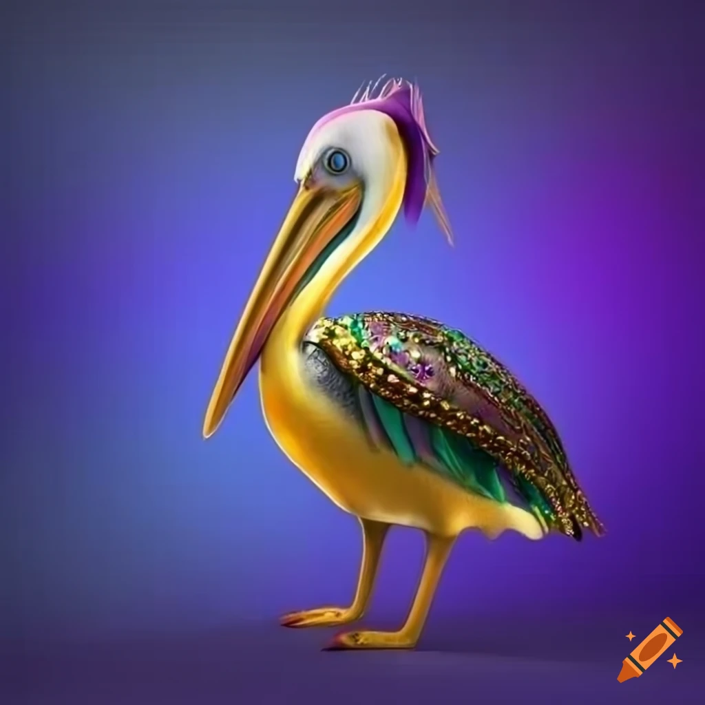 Pelican wearing Mardi Gras mask in realistic 3D render on Craiyon