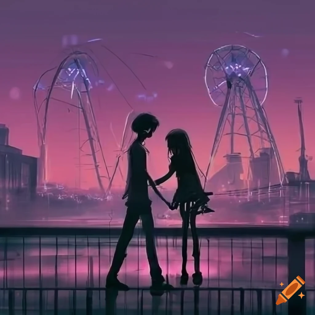 Silhouette of an anime couple at night with a ferris wheel and neon ...