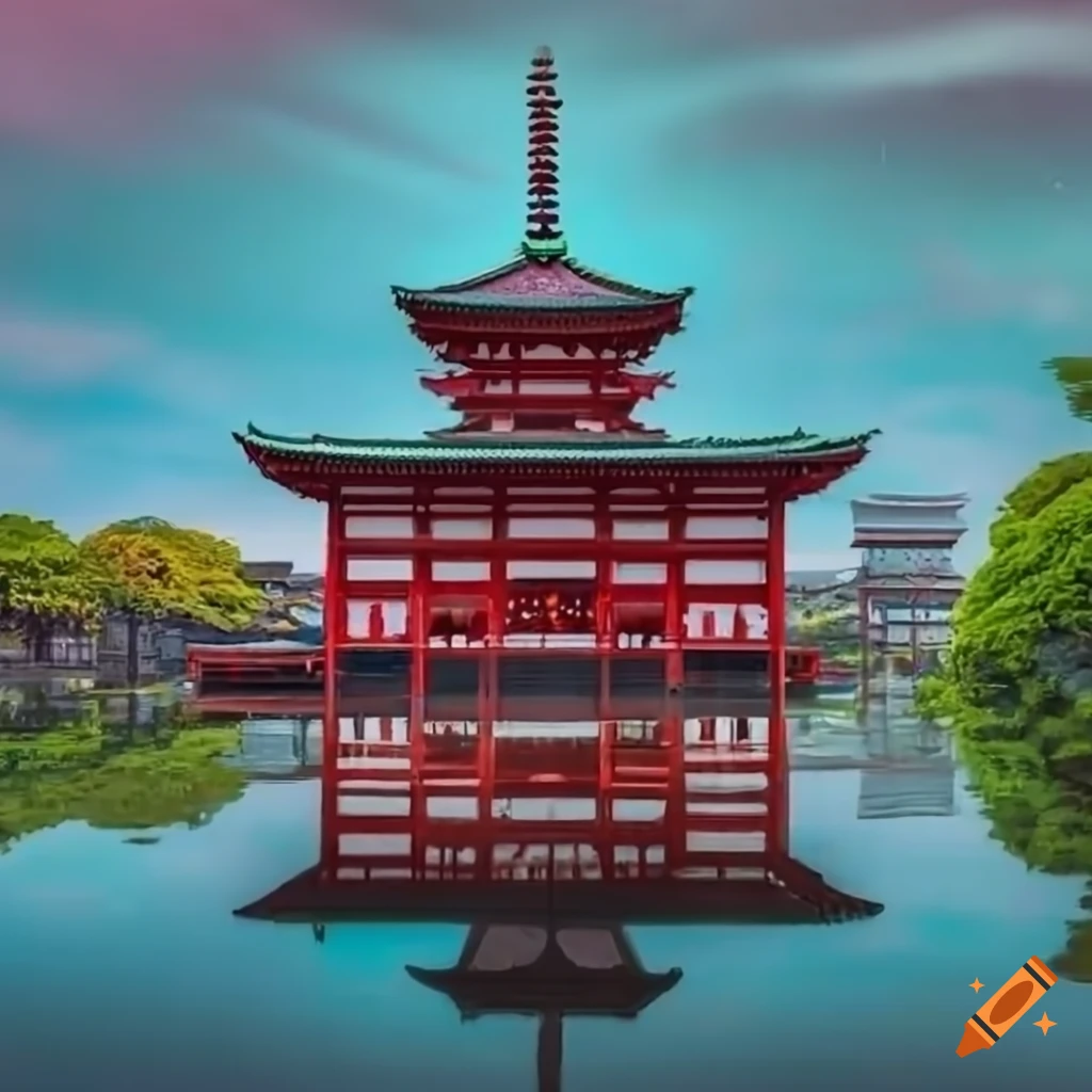 View of a red temple in japan with reflection in water and empty blue sky