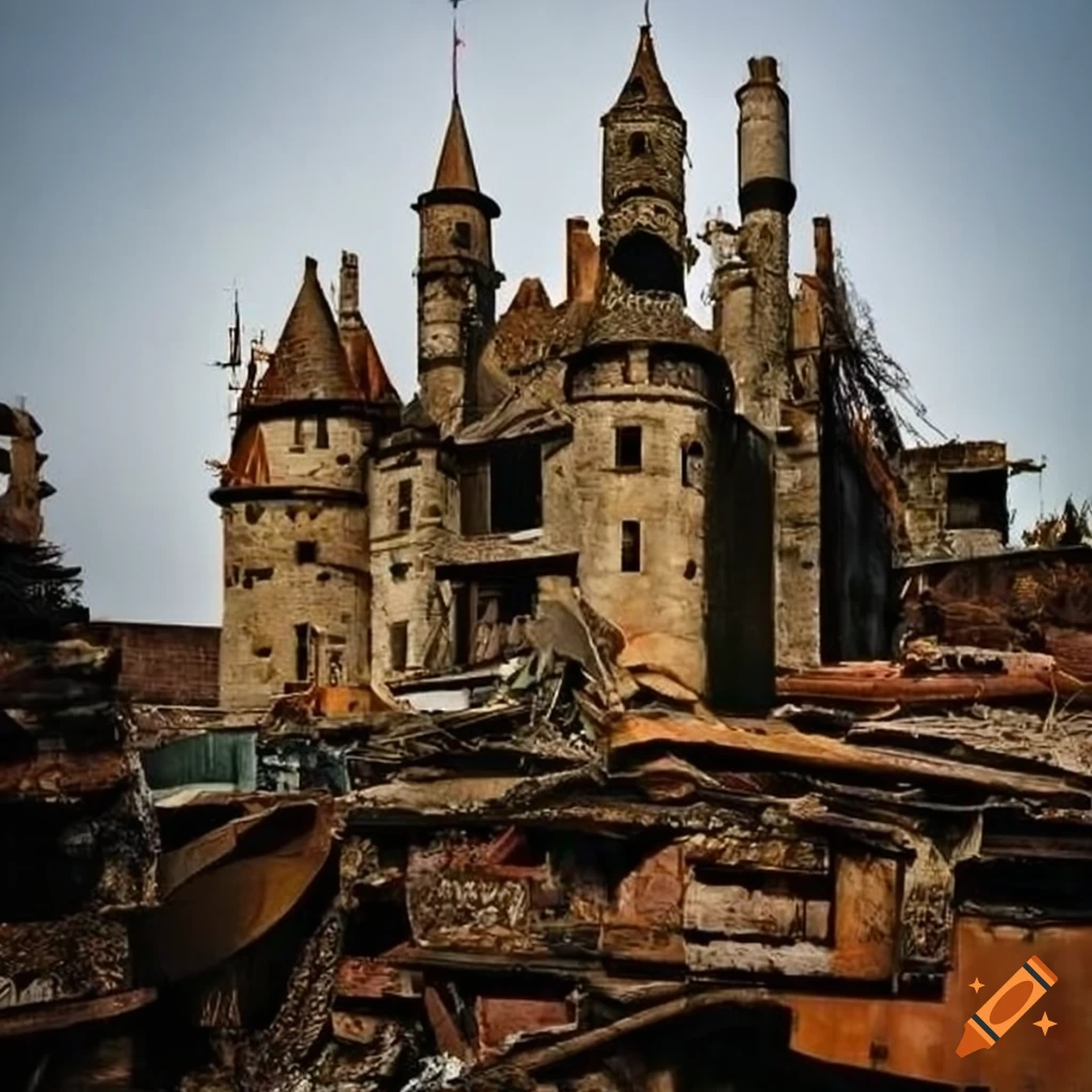 Luxury tall castle surrounded by junk yard and scrap