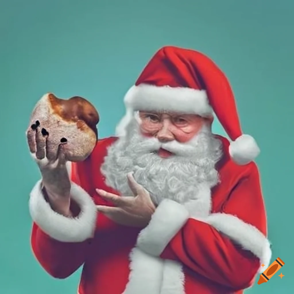 Santa in a geothermal geyser valley during summer with a Christmas ham ...