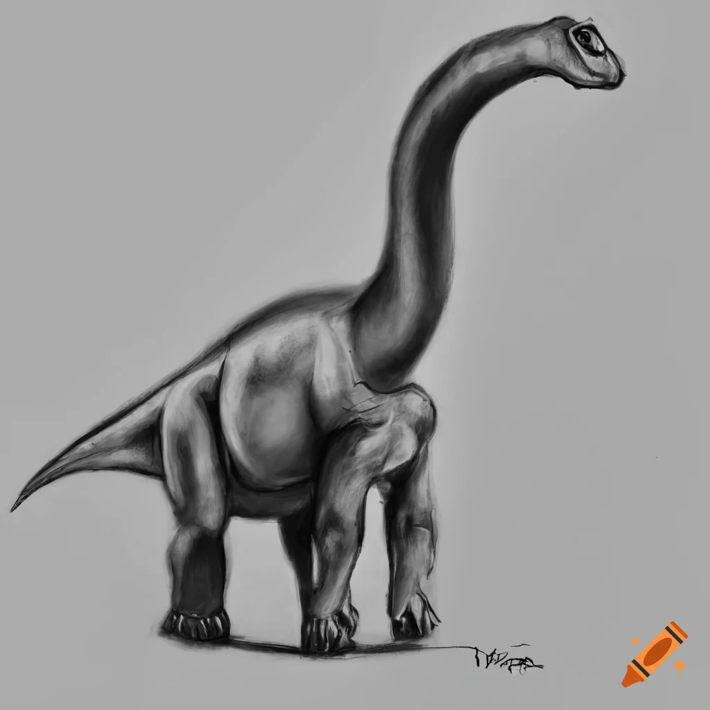 Full body charcoal drawing of a brontosaurus
