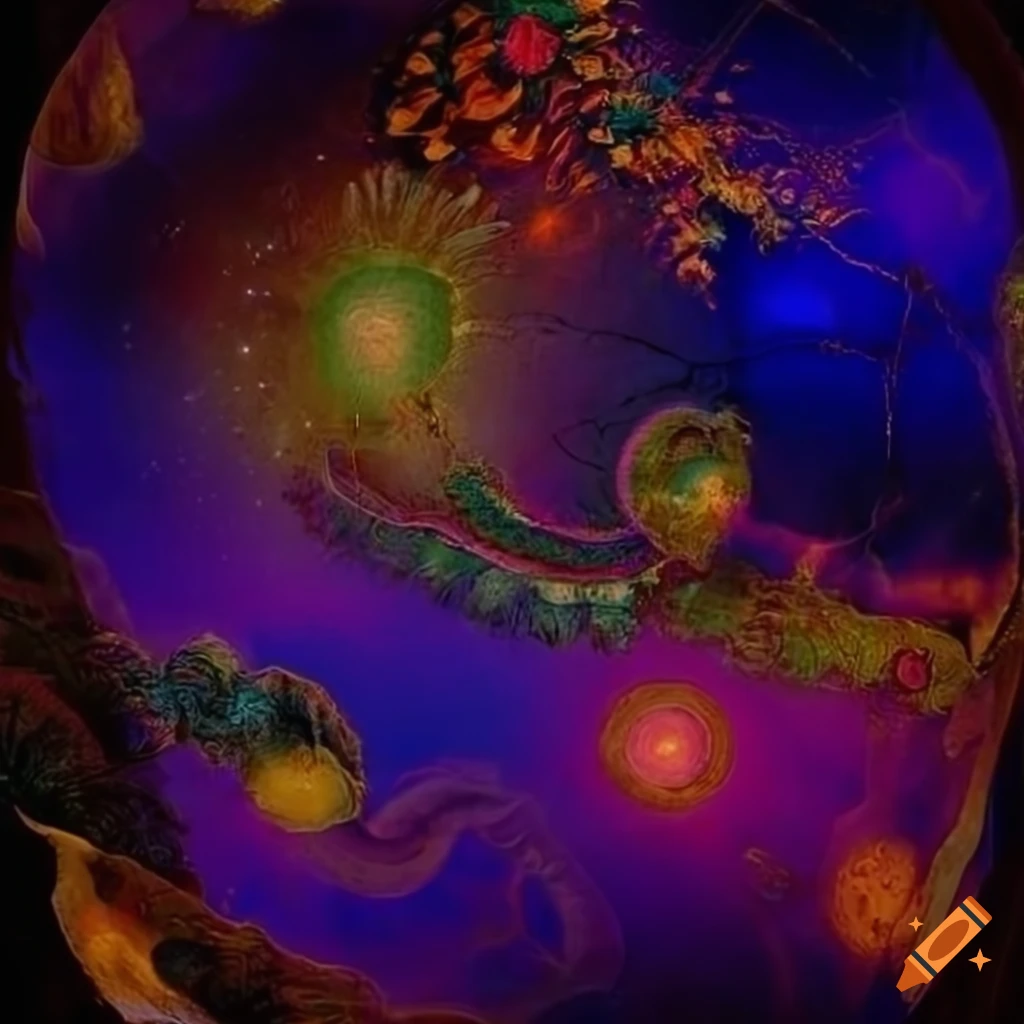 Tapestry depicting interconnected life forms in the ethereal realms